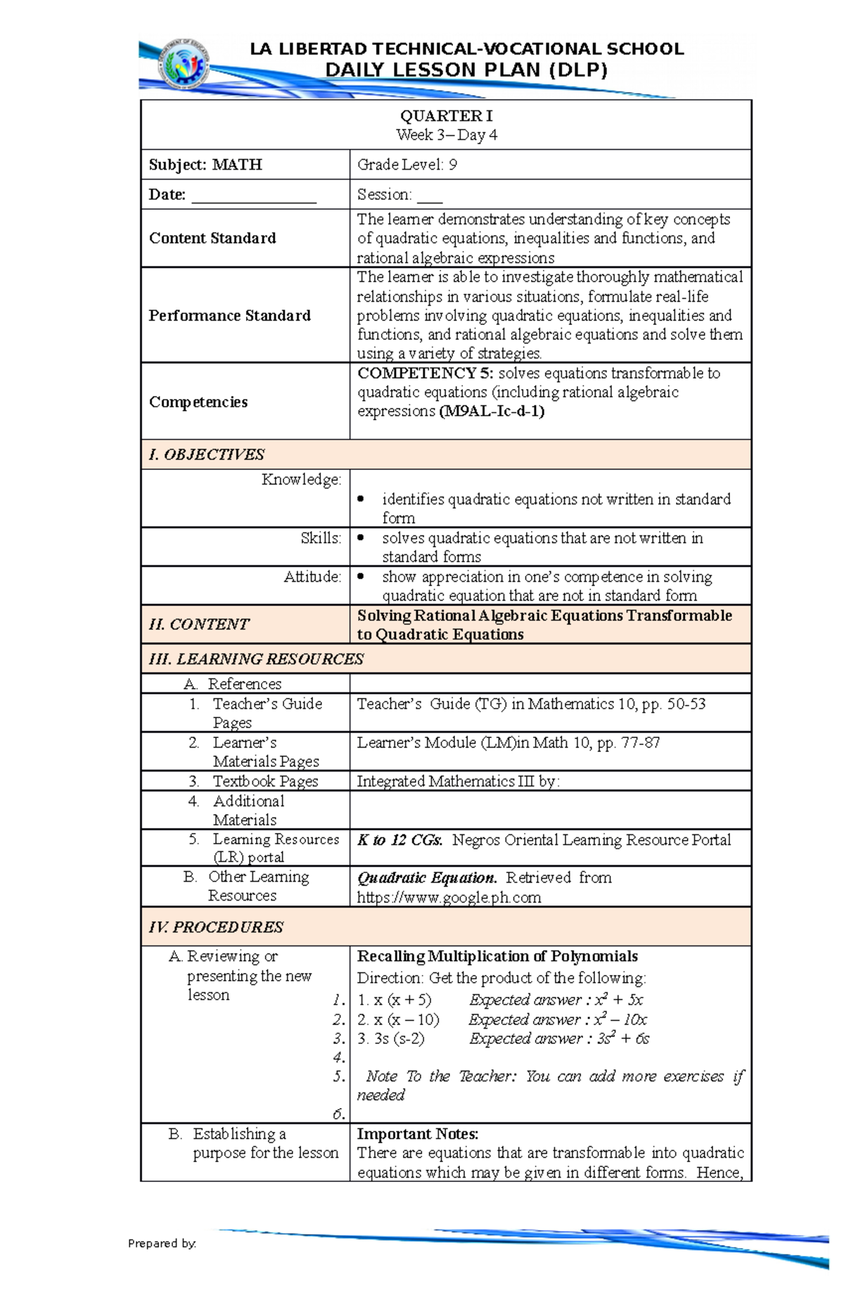 DLL MATH9 C5 Q1 - Daily Lesson Plan on Quadratic Equations - Studocu
