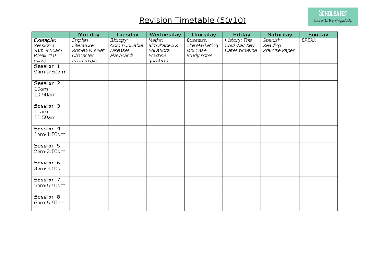 +Timetable+Template - Revision Timetable (50/10) Monday Tuesday ...