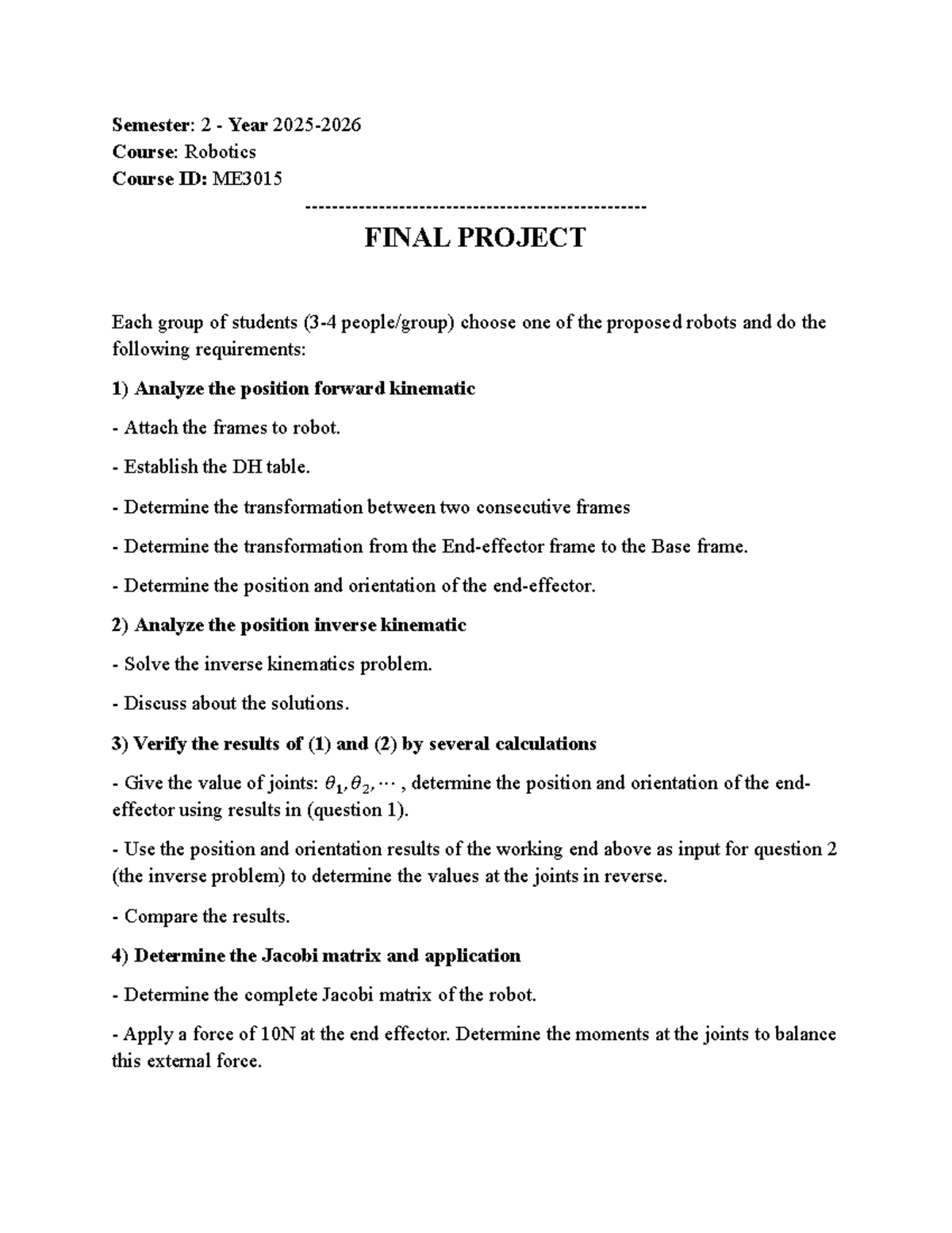 ME3015 Final Project: Robotics Kinematics Analysis and Verification ...