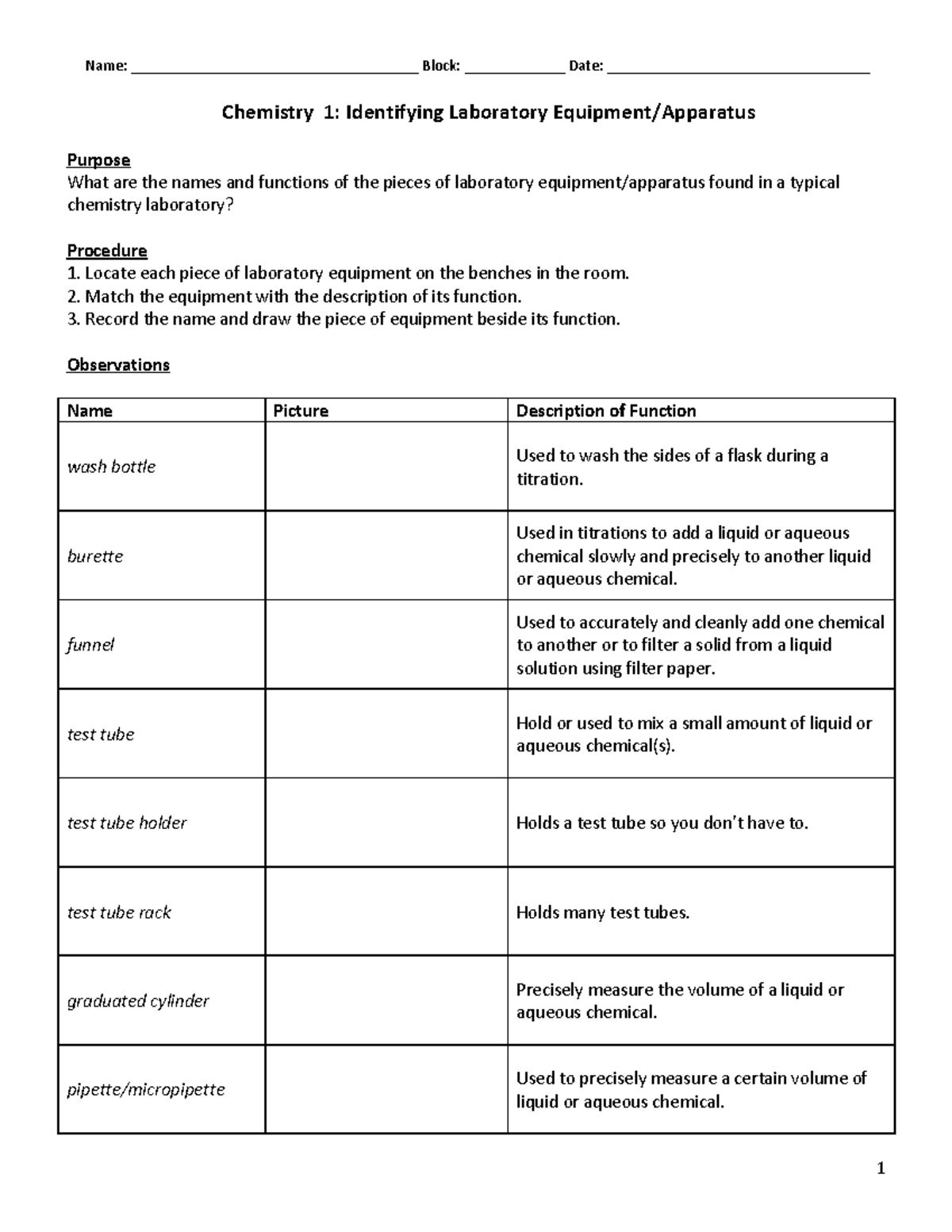 Chemistry 1: Identifying Laboratory Equipment Guide - Studocu