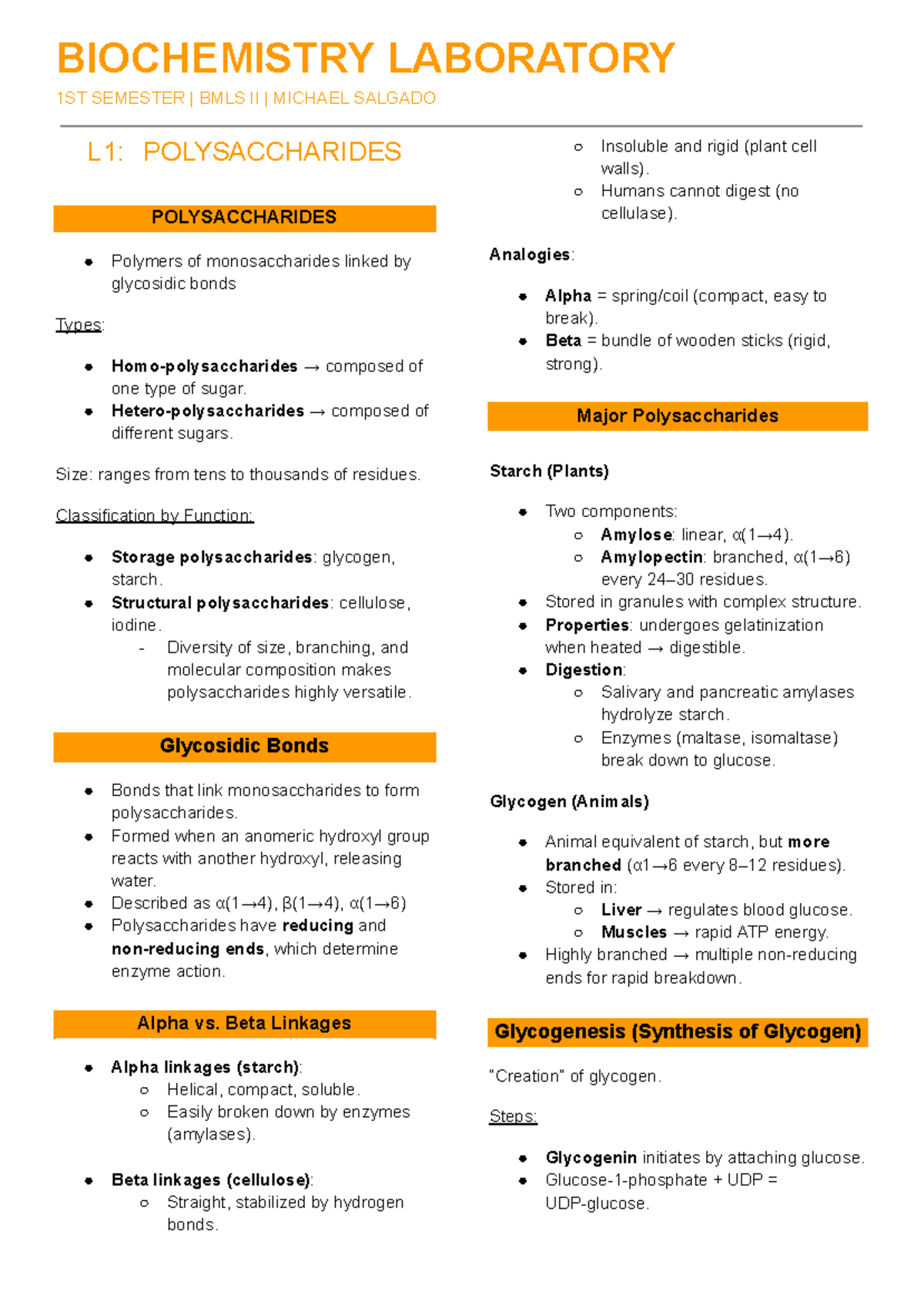Biochemistry Laboratory 1st Semester BMLS II: Polysaccharides Overview ...