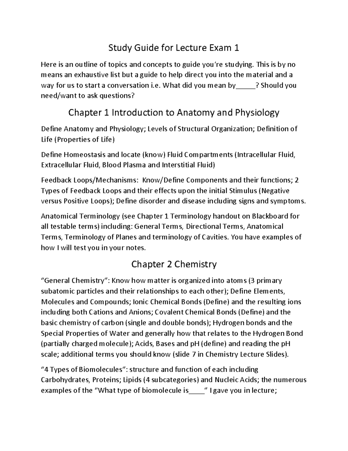 Study Guide for Lecture Exam 1: Anatomy & Physiology - Studocu