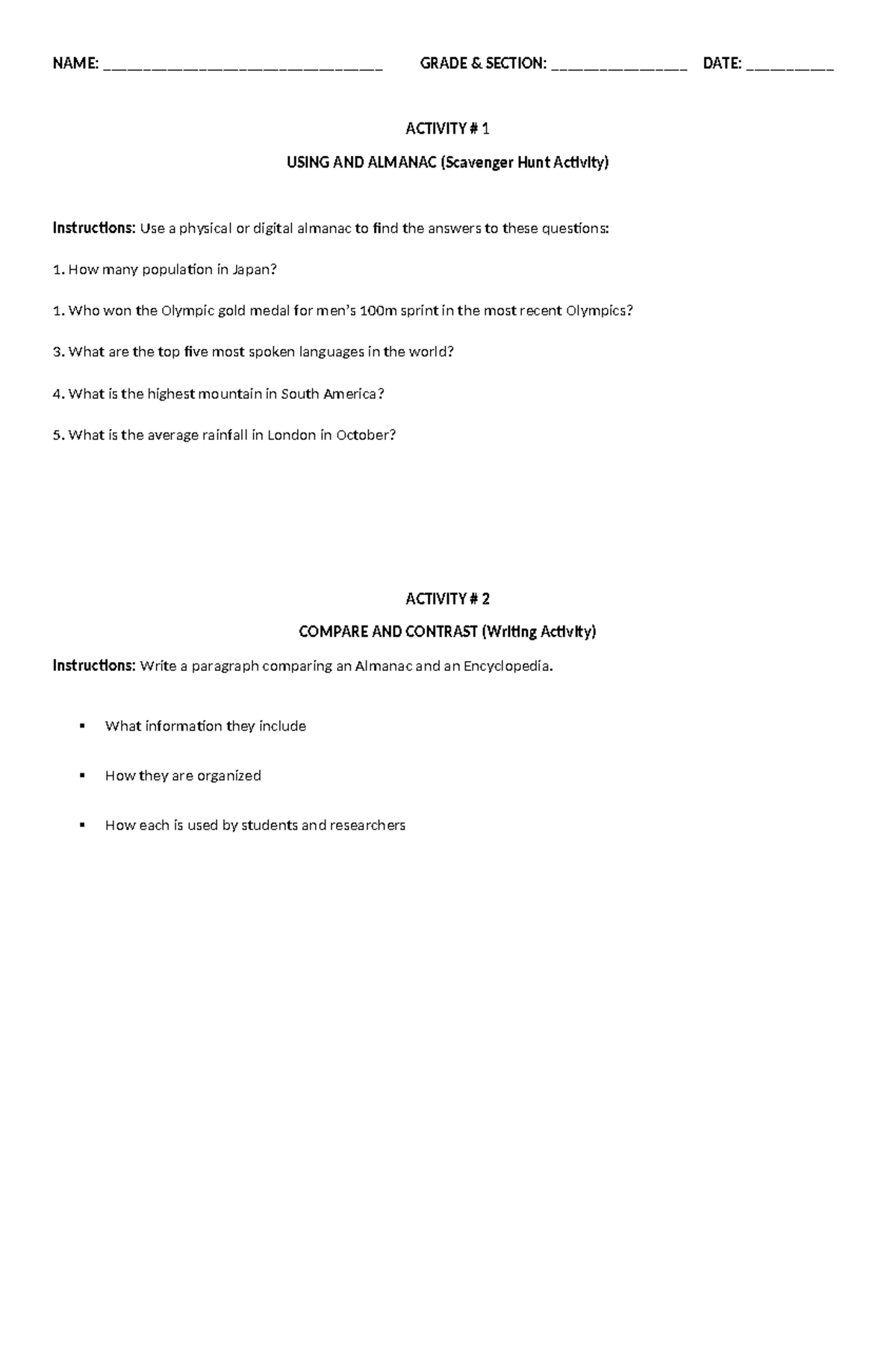 ENG 6 Activities: Almanac Scavenger Hunt & Compare/Contrast Essay - Studocu