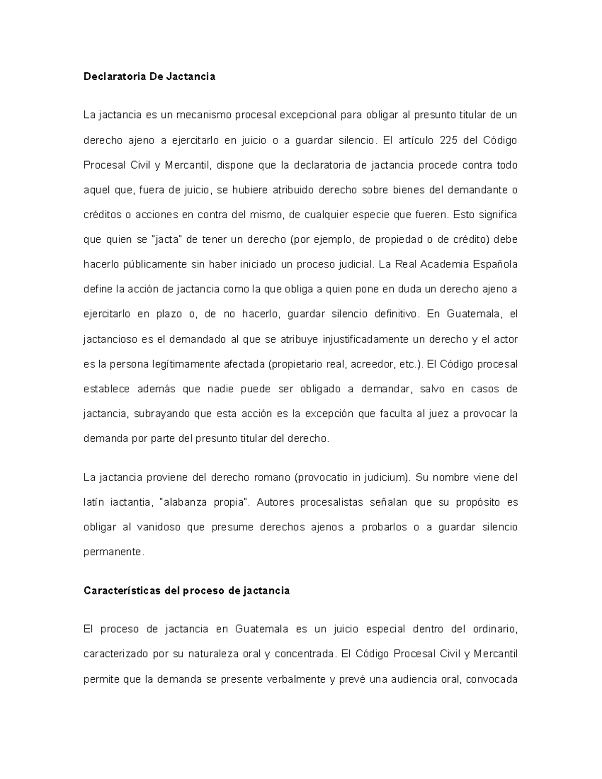 Declaratoria de Jactancia: Análisis del Proceso en Guatemala - Studocu