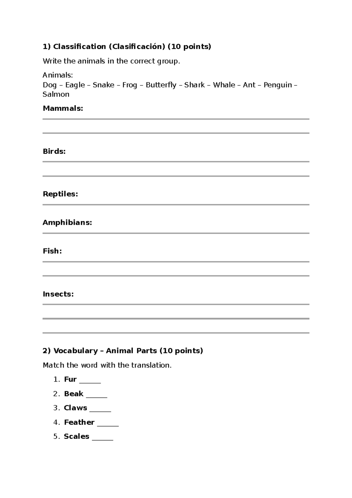 Unit 3: Animal Classification & Vocabulary (5 PENA) - Studocu