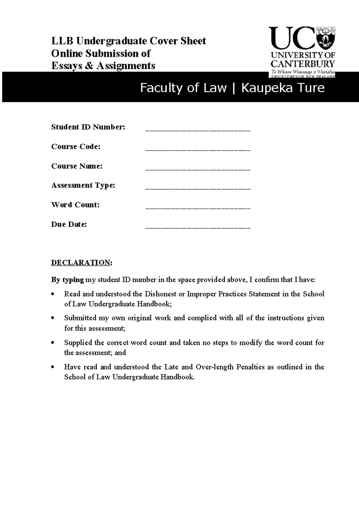 LLB Undergraduate Cover Sheet Online Submission - LLB Undergraduate ...