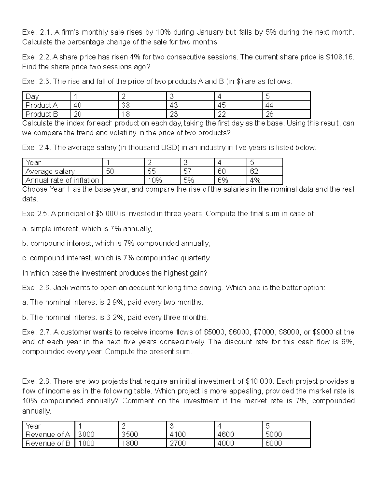 Finance Exercises: Analysis & Calculations (Exe 2 & 3) - Studocu