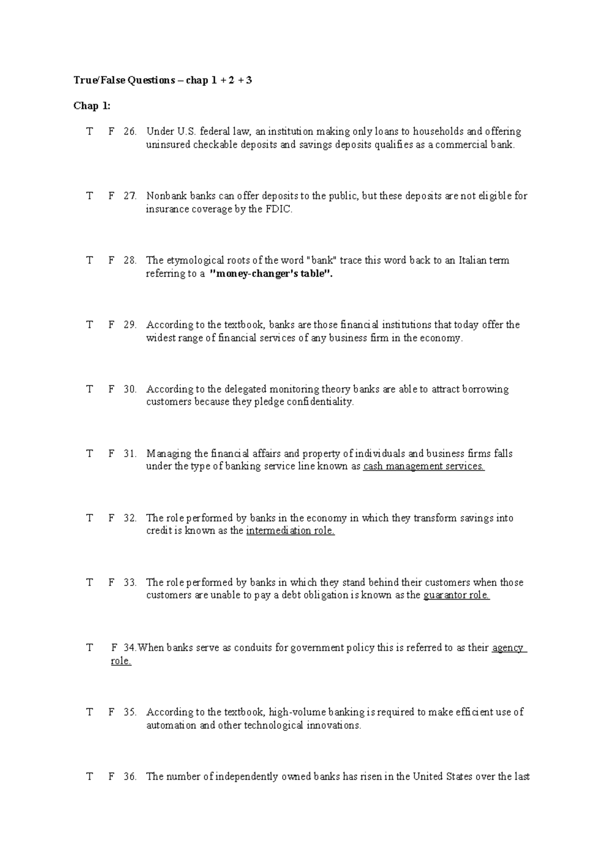 Chap 1-3: True/False Questions for Banking Concepts - Studocu