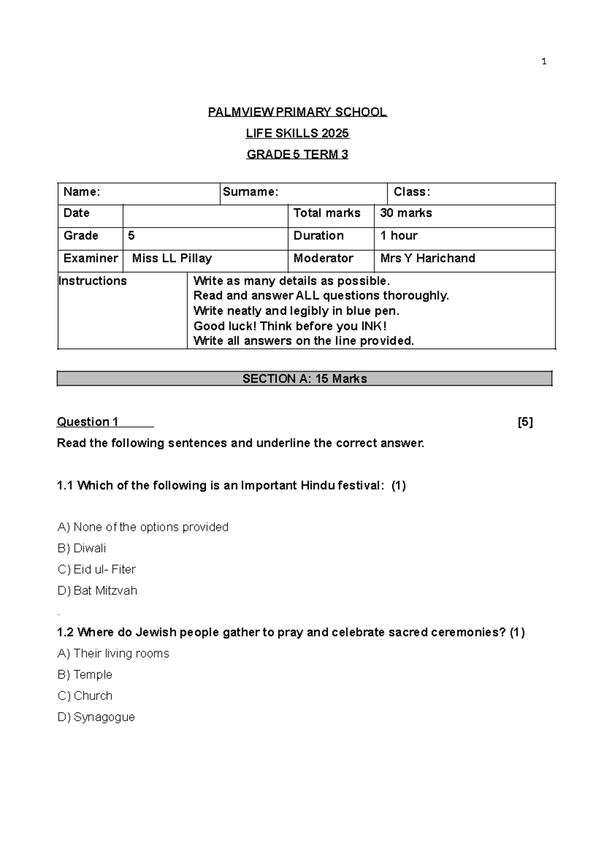 Grade 5 PSW Term 3 Life Skills Test Notes 2025 - Studocu