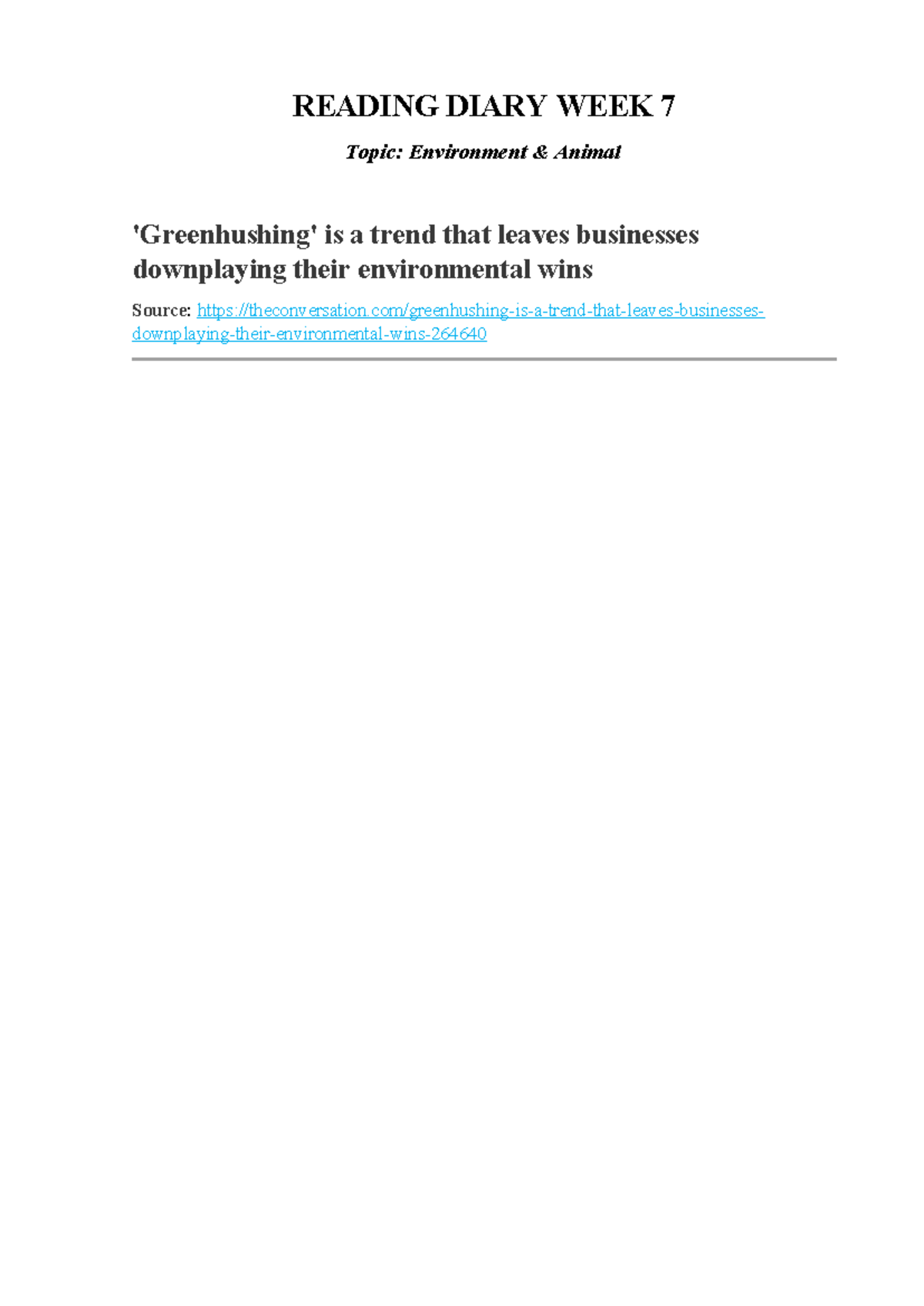 Week 7 Reading Diary: Environmental Trends in Business - Studocu