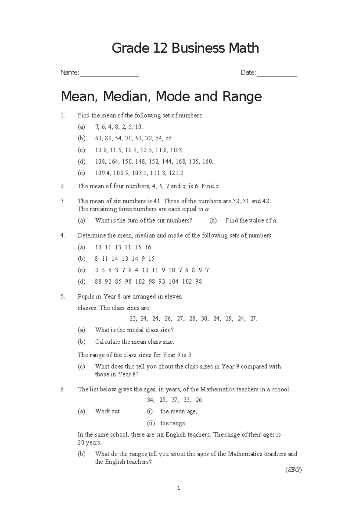 Grade 12 Business Math: Mean, Median, Mode & Range Exercises - Studocu