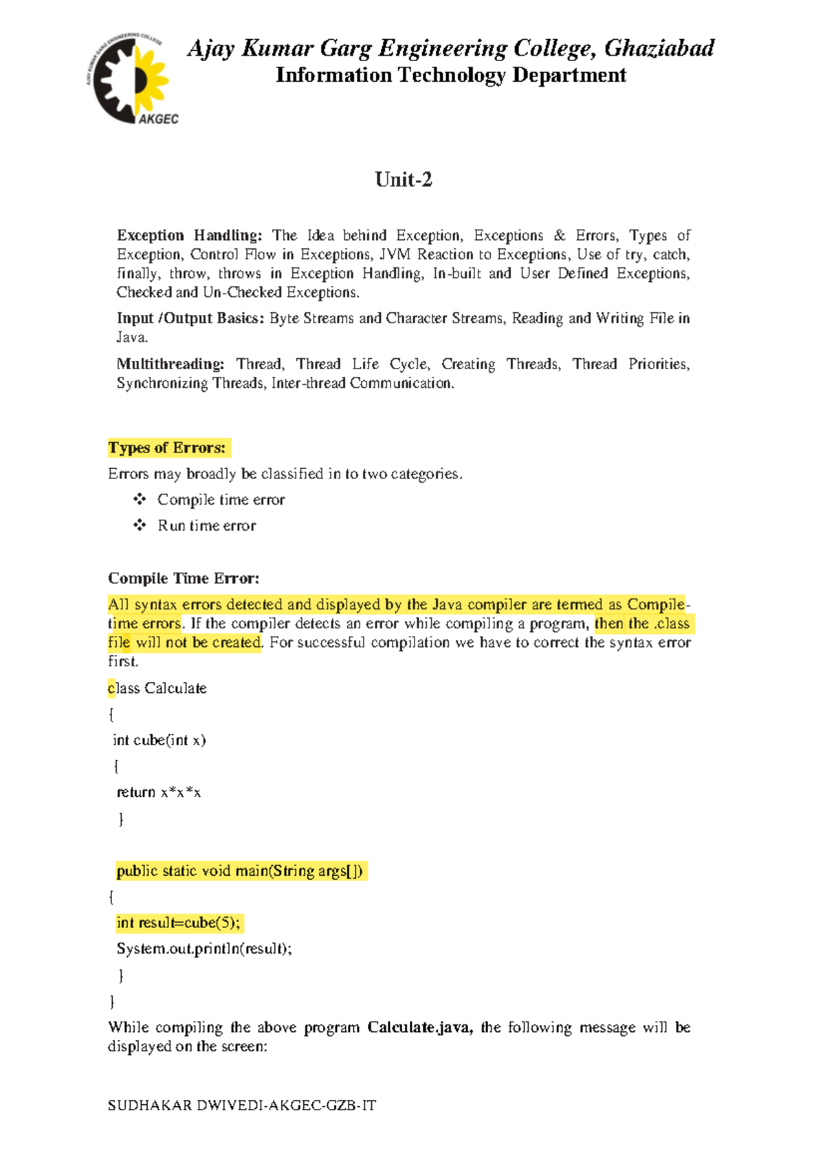 Exception Handling and Multithreading in Java: A Comprehensive Guide (IT-Unit2) - Studocu