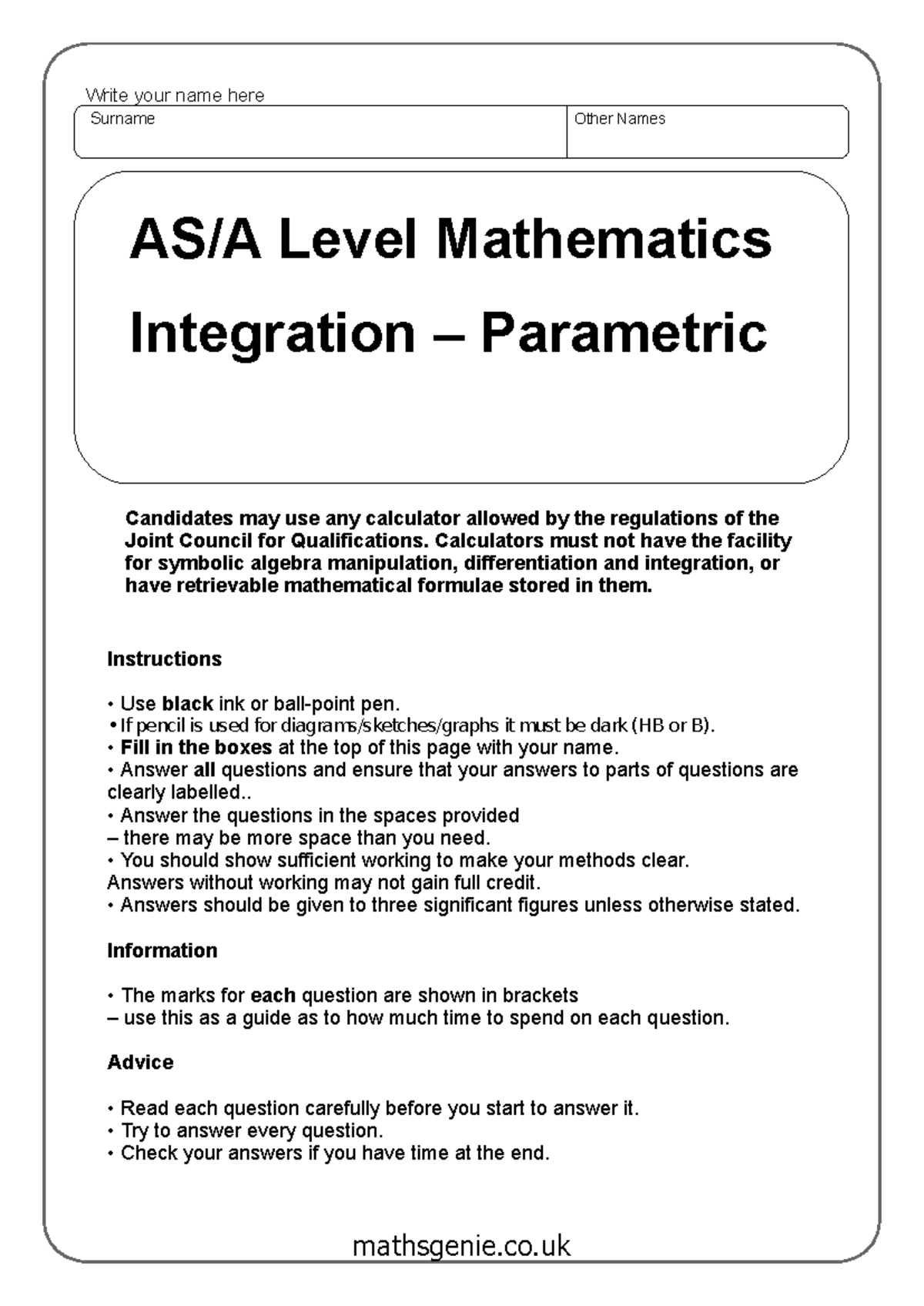 Mathematics Integration Parametric Exam Instructions - Studocu