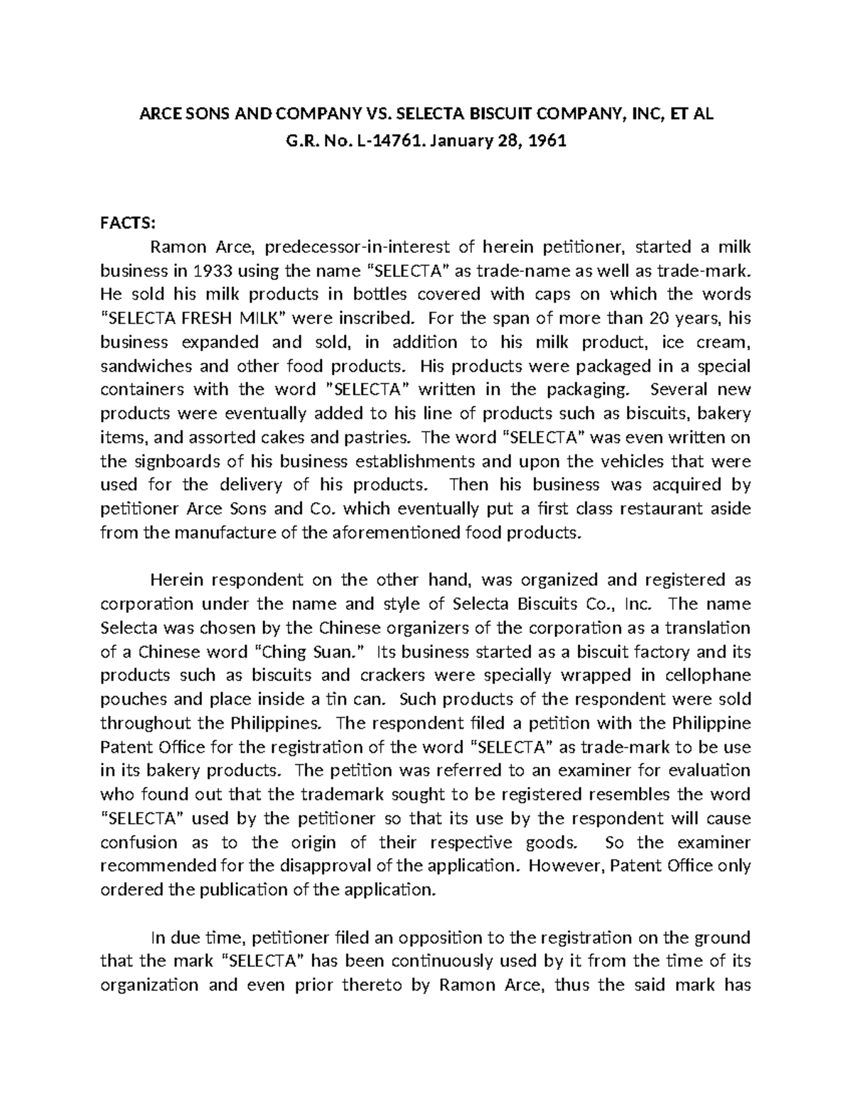 Case Study on Trademark Infringement: ARCE SONS vs. SELECTA, 1961 - Studocu