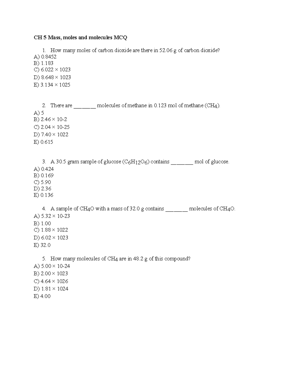 CH 5 Mass, Moles, and Molecules: MCQ for Chem Exam - Studocu