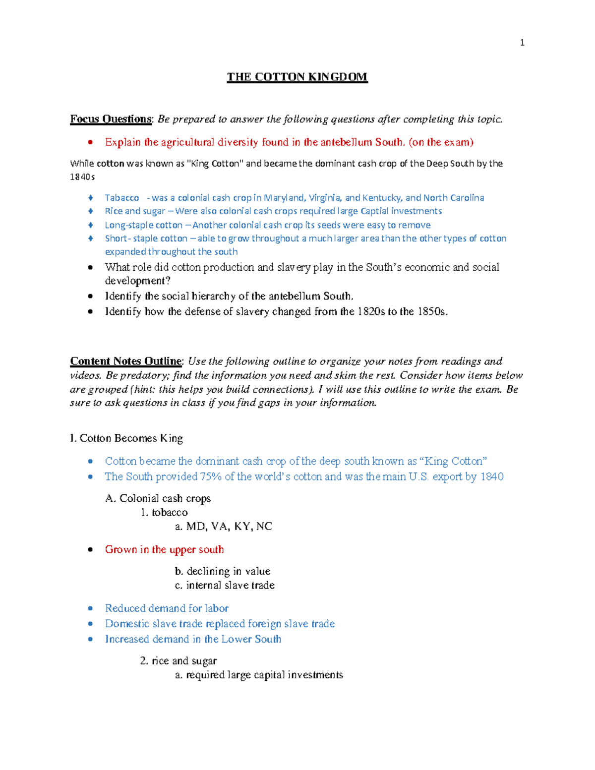 The Cotton Kingdom: Exam Notes on Economic & Social Aspects (HIST 201 ...