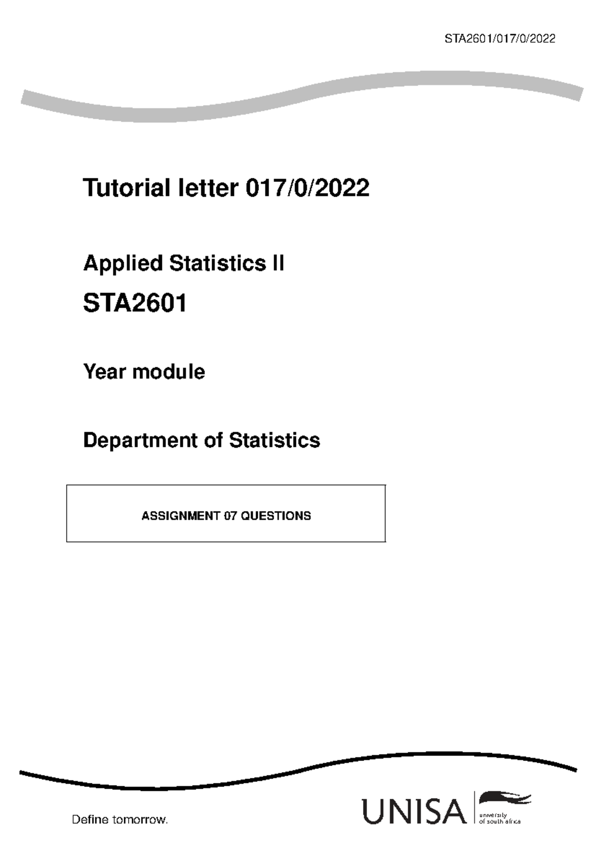 STA2601 Applied Statistics II Assignment 07 Questions and Solutions ...