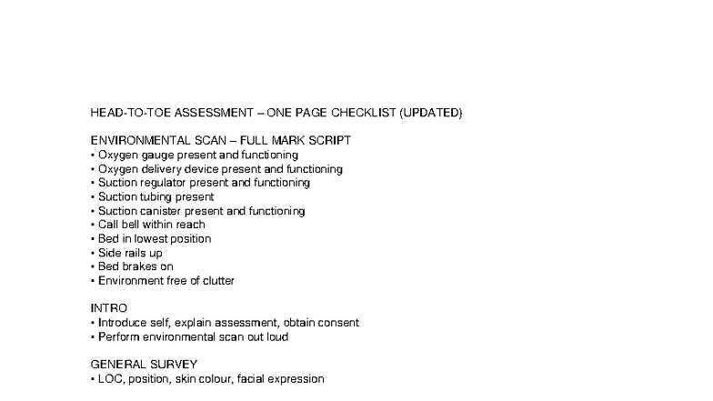 Head to Toe Assessment Checklist (Updated) - ENVIRONMENTAL SCAN - Studocu