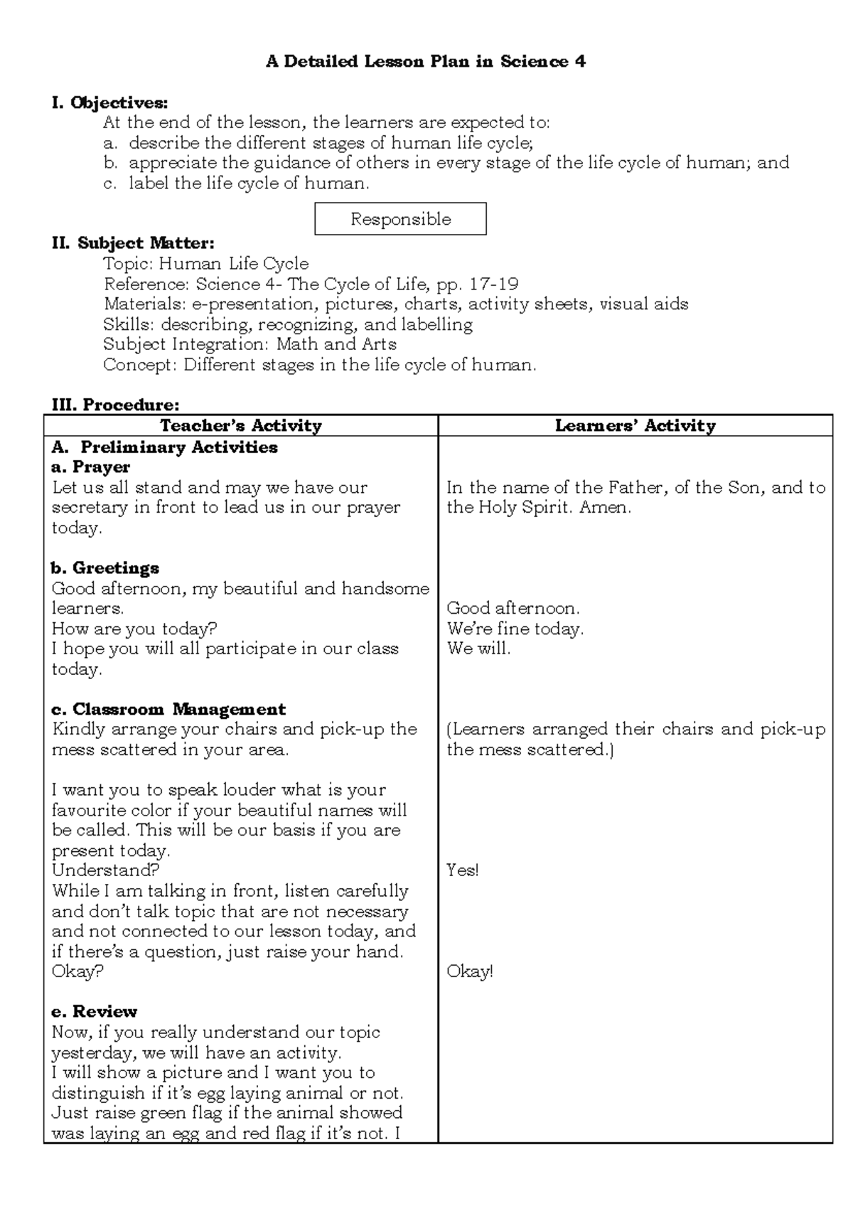Science 4 - Detailed Lesson Plan on the Human Life Cycle - Studocu