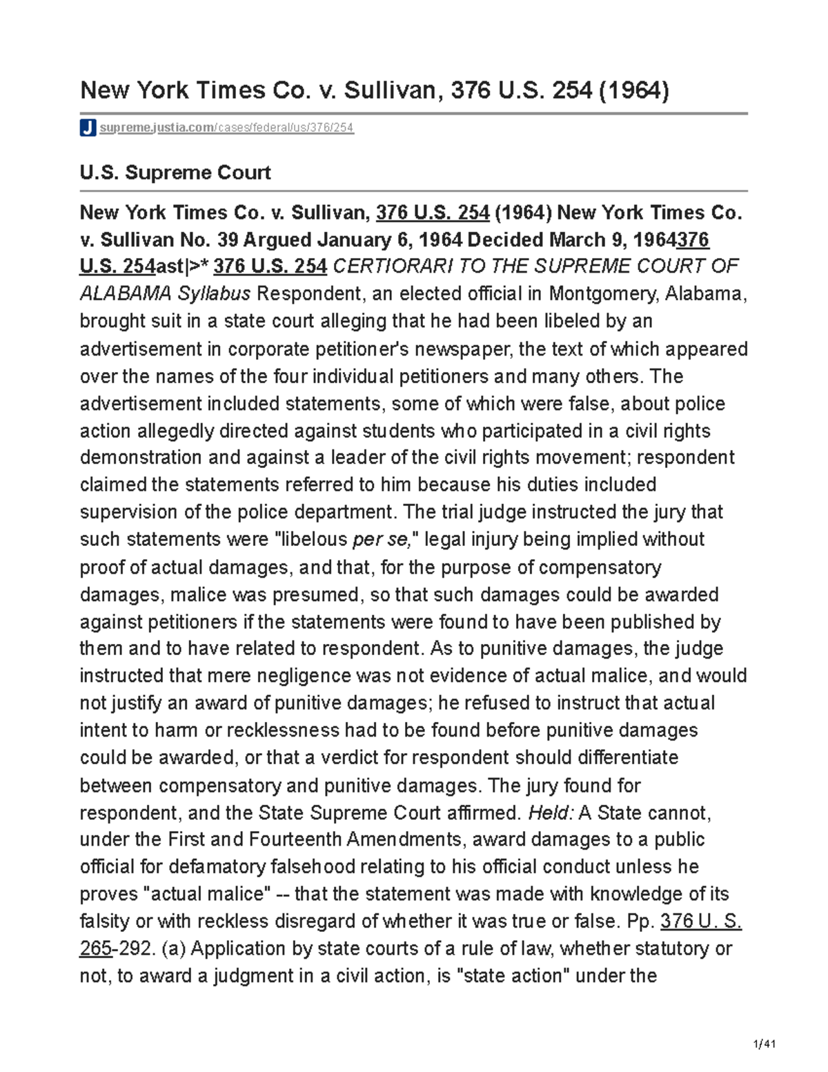 New York Times Co. v. Sullivan 376 U.S. 254 (1964) - Supreme Court ...