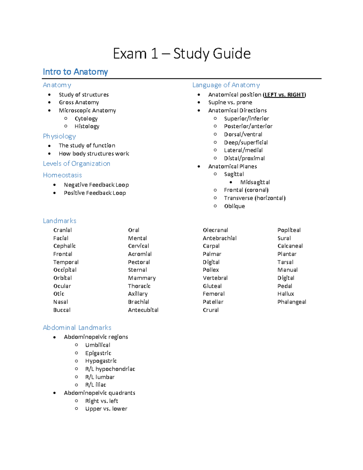 Exam 1 Study Guide: Intro to Anatomy & Physiology Concepts - Studocu