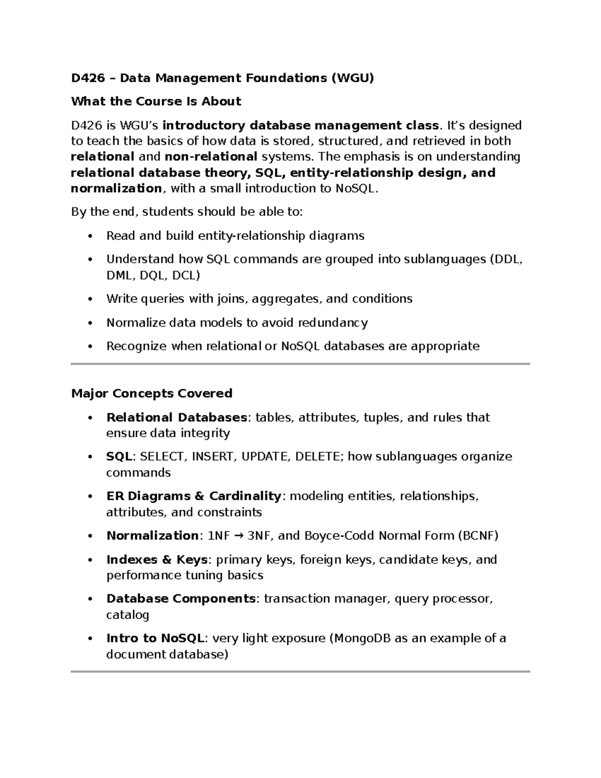 D426 Data Management Foundations: Course Overview and Key Concepts - Studocu