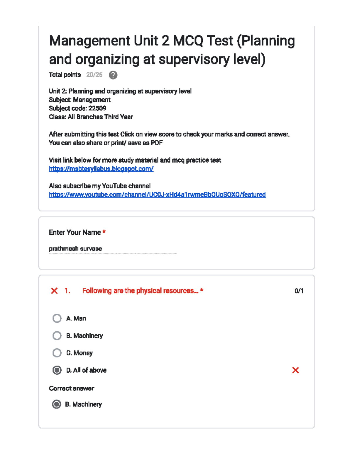 Mgt 22509 Unit 2 MCQ Test: Planning & Organizing at Supervisory Level ...