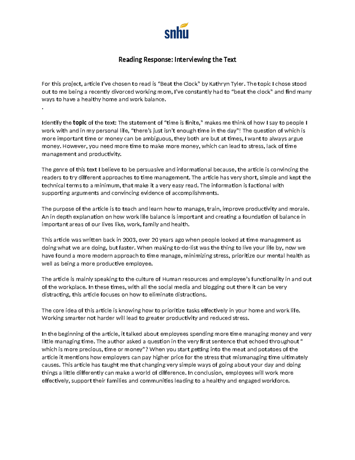 ENG 130 ALC Reading Response: Balancing Time and Productivity - Studocu