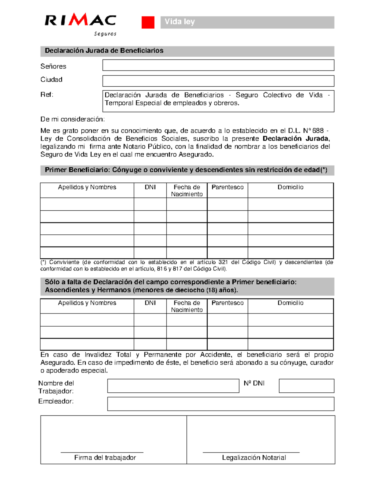 Formato de Declaración Jurada de Beneficiarios - Vida Ley - Studocu