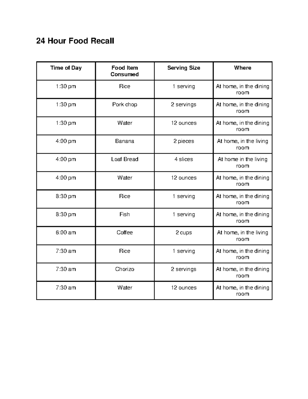 24 Hour Food Recall - Nursing Study Notes - Studocu