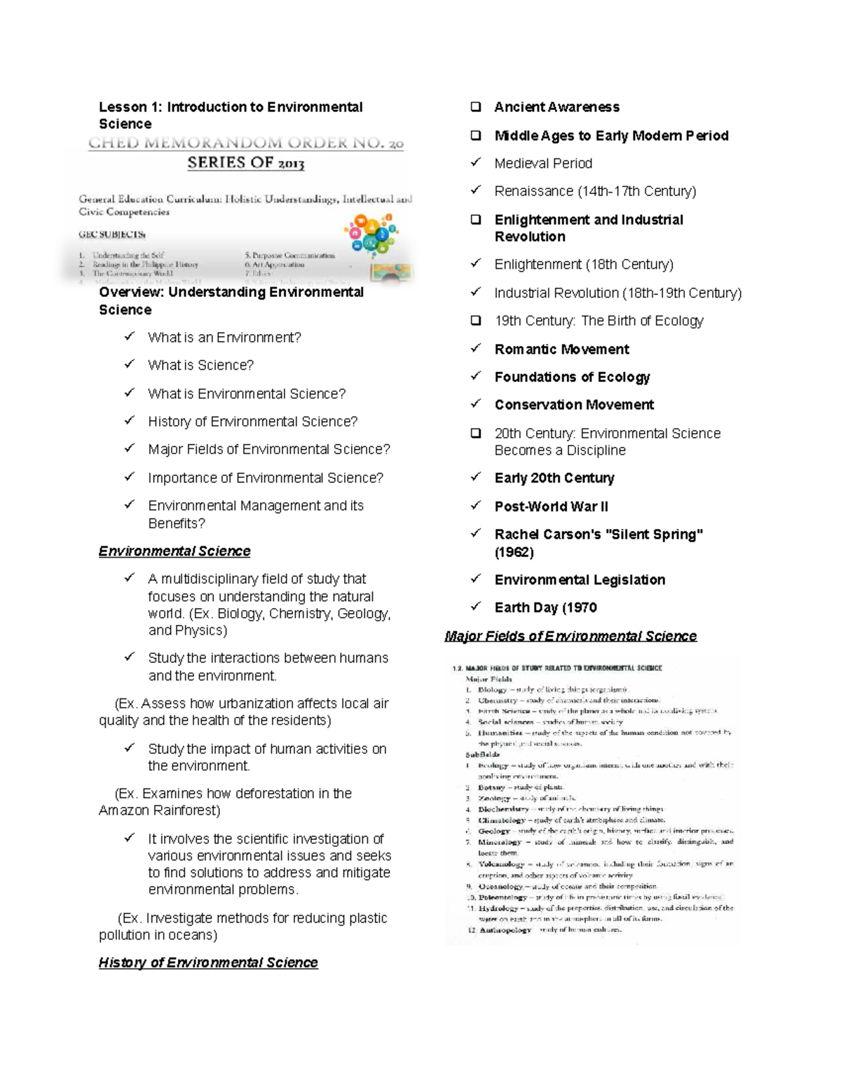 Envisci-NOTE 1: Intro to Environmental Science & Sustainability - Studocu