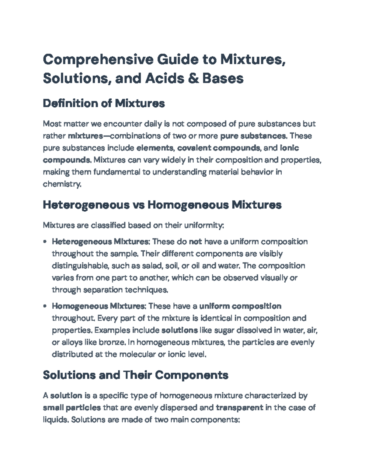 Comprehensive Study of Mixtures, Solutions, and Acids & Bases (CHEM 101 ...