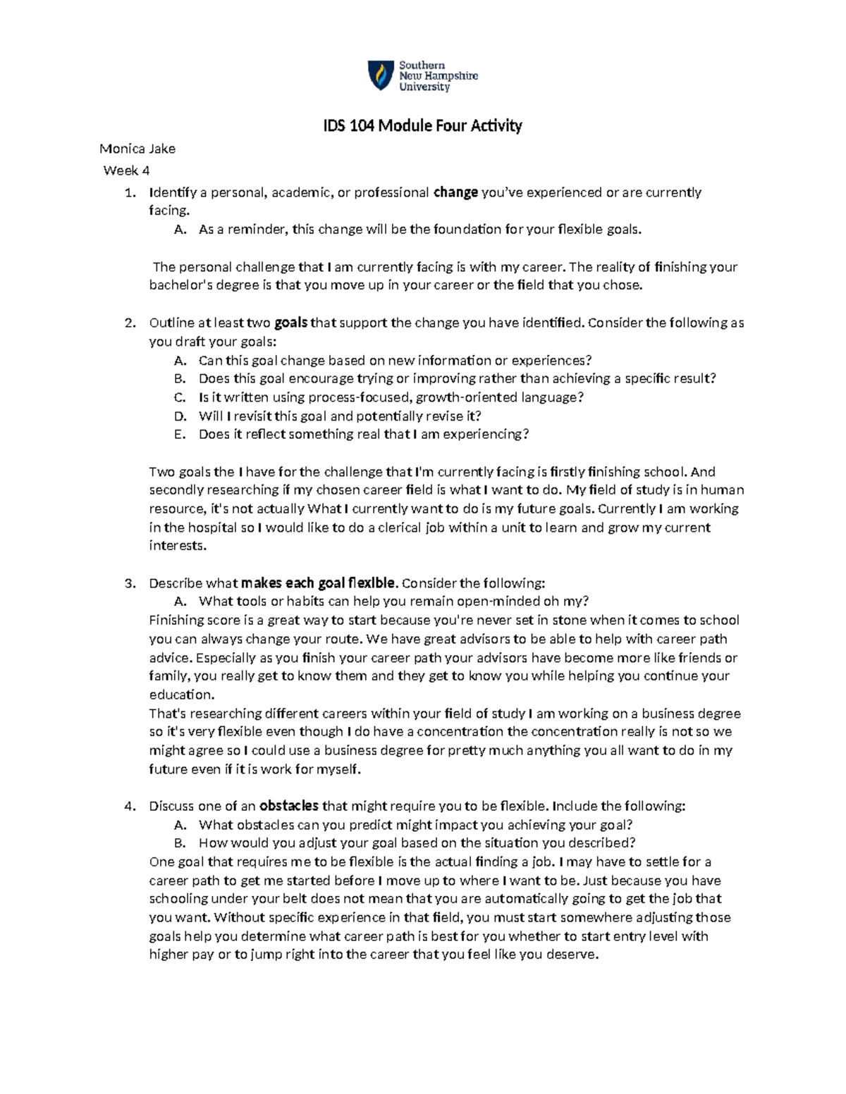 IDS 104 Module Four Activity: Navigating Career Changes and Goals - Studocu