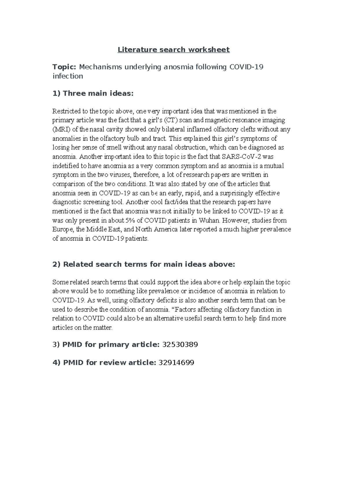 Literature Search Worksheet: Anosmia Mechanisms Post-Infection ...