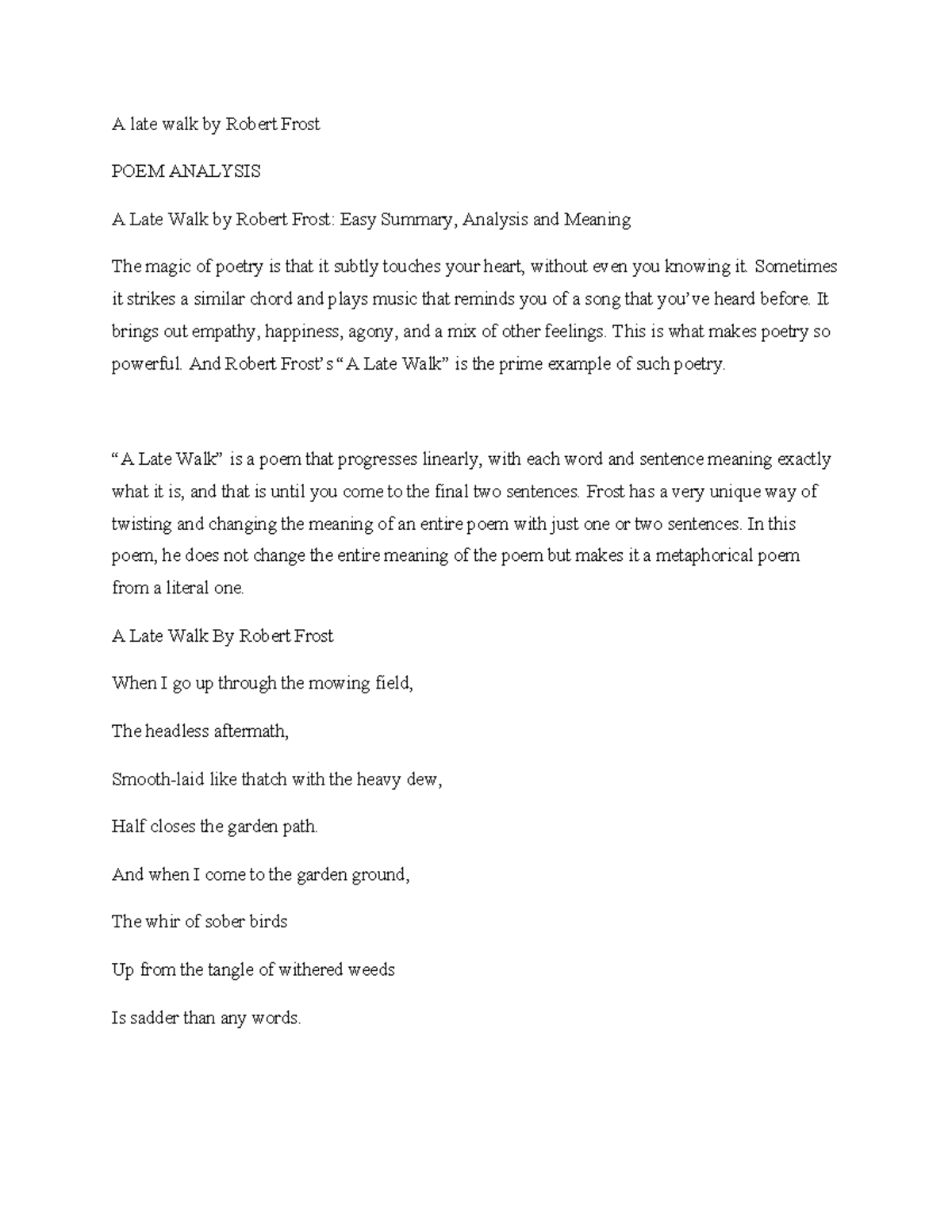 Robert frost - A late walk by Robert Frost POEM ANALYSIS A Late Walk by ...