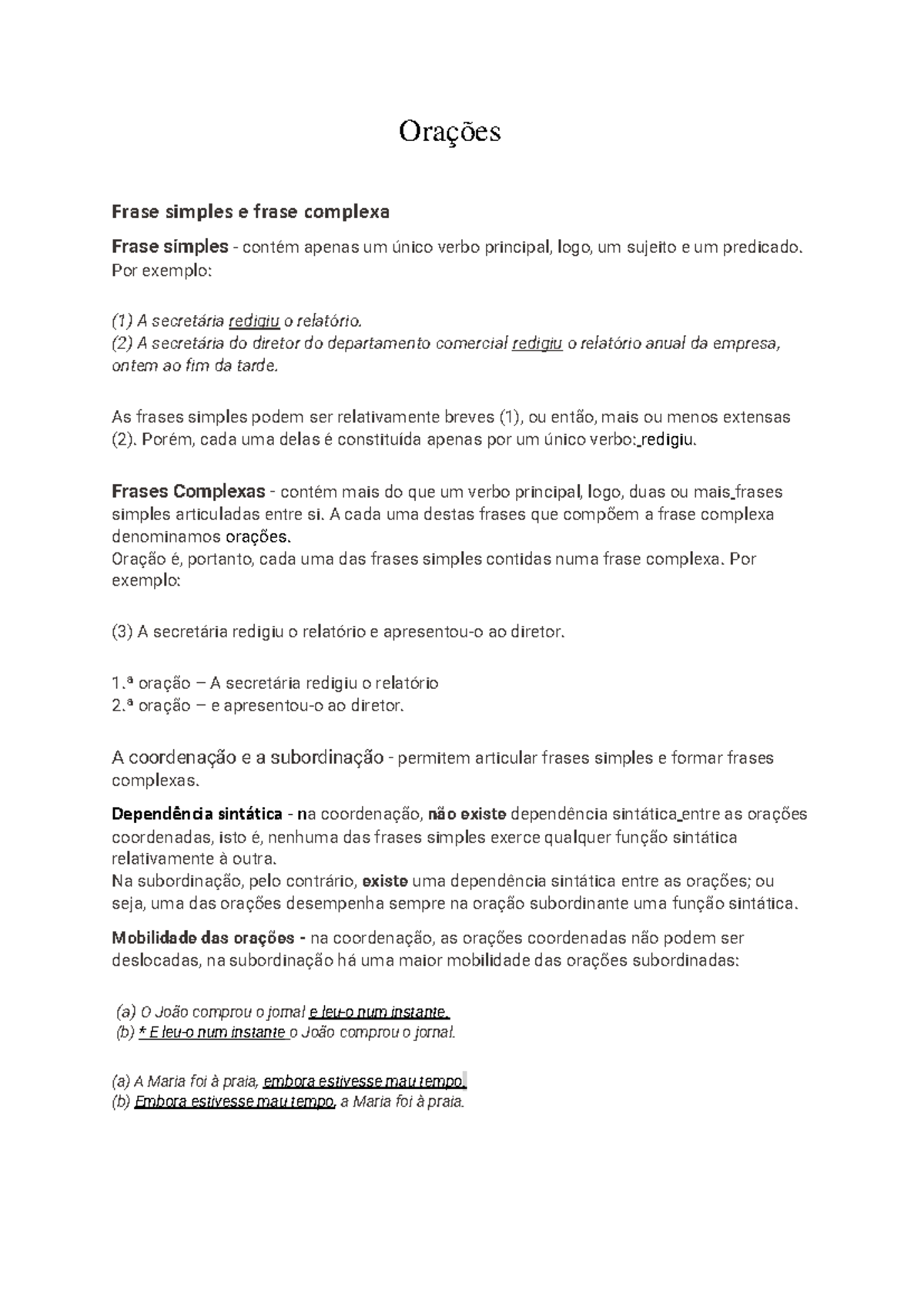 Resumo de Orações: Frases Simples e Complexas Explicadas - Studocu