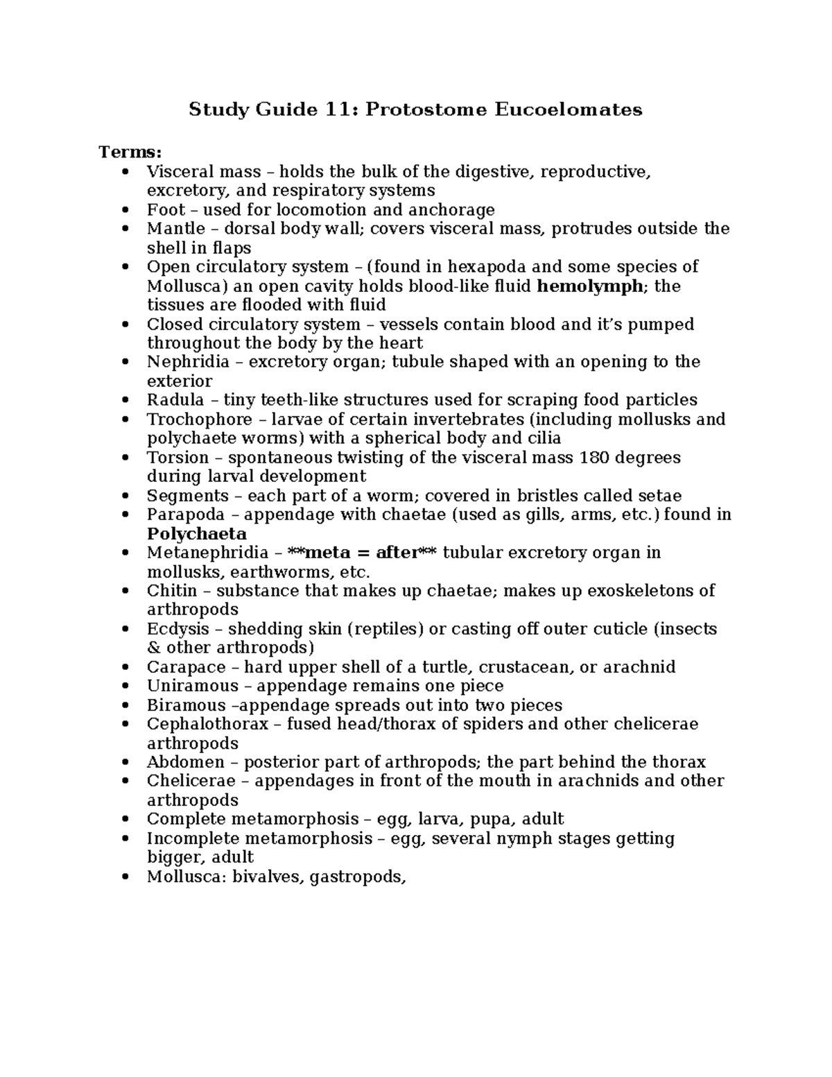 BIO 214 Study Guide 11: Key Terms on Protostome Eucoelomates - Studocu