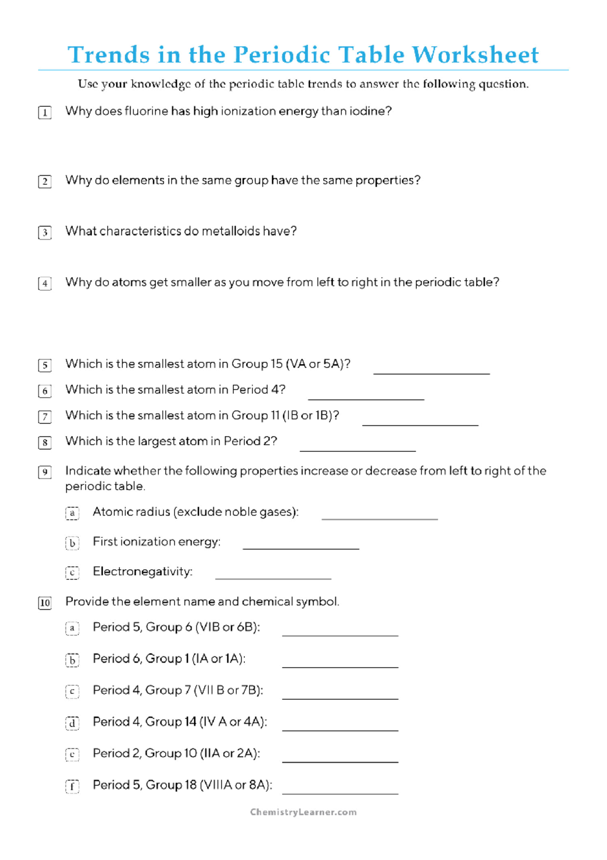 Periodic Trends Activity Worksheet (Chemistry 101) with Answers - Studocu