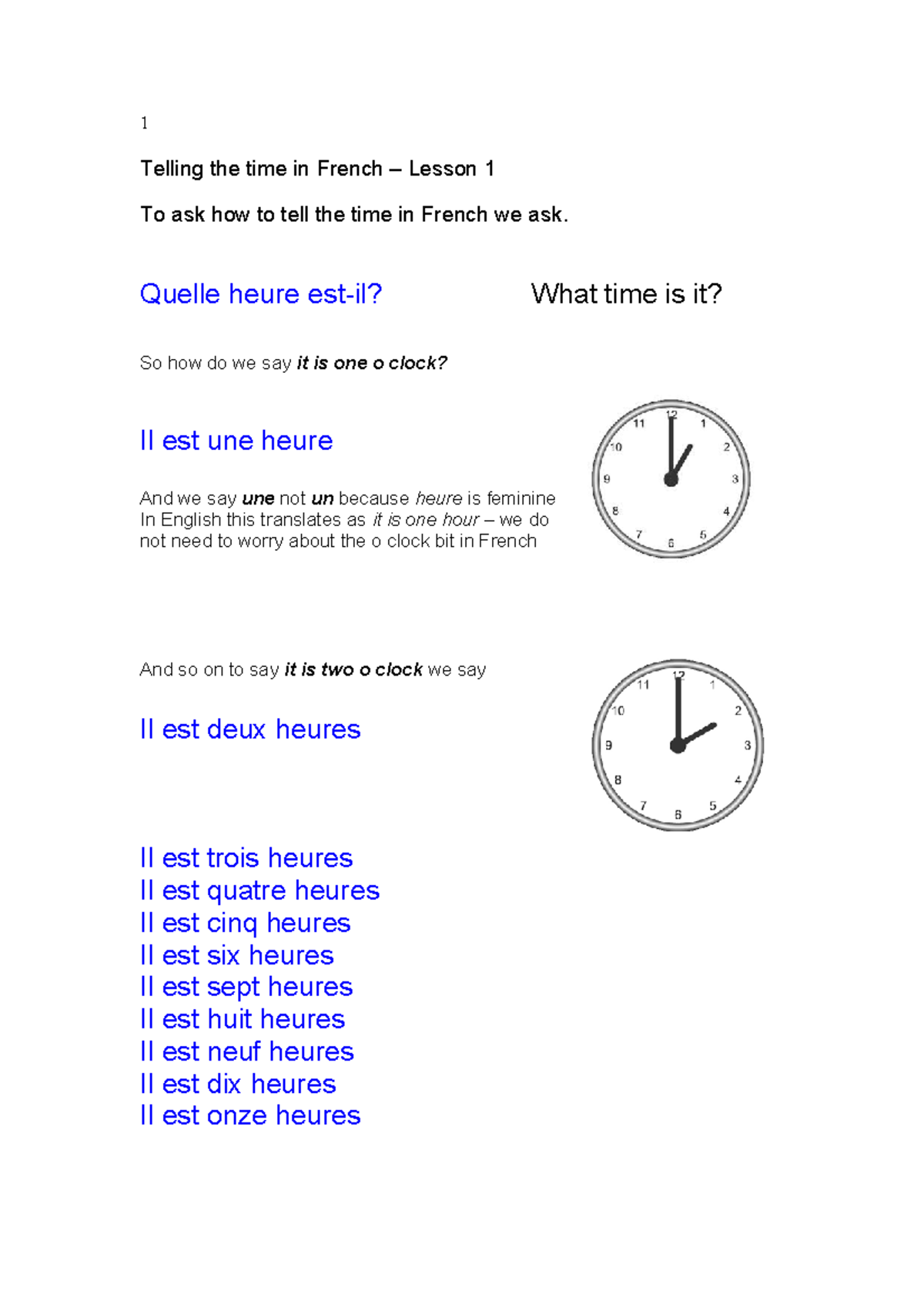 French Time: Telling Time in French - Lesson 1 (FREN 101) - Studocu