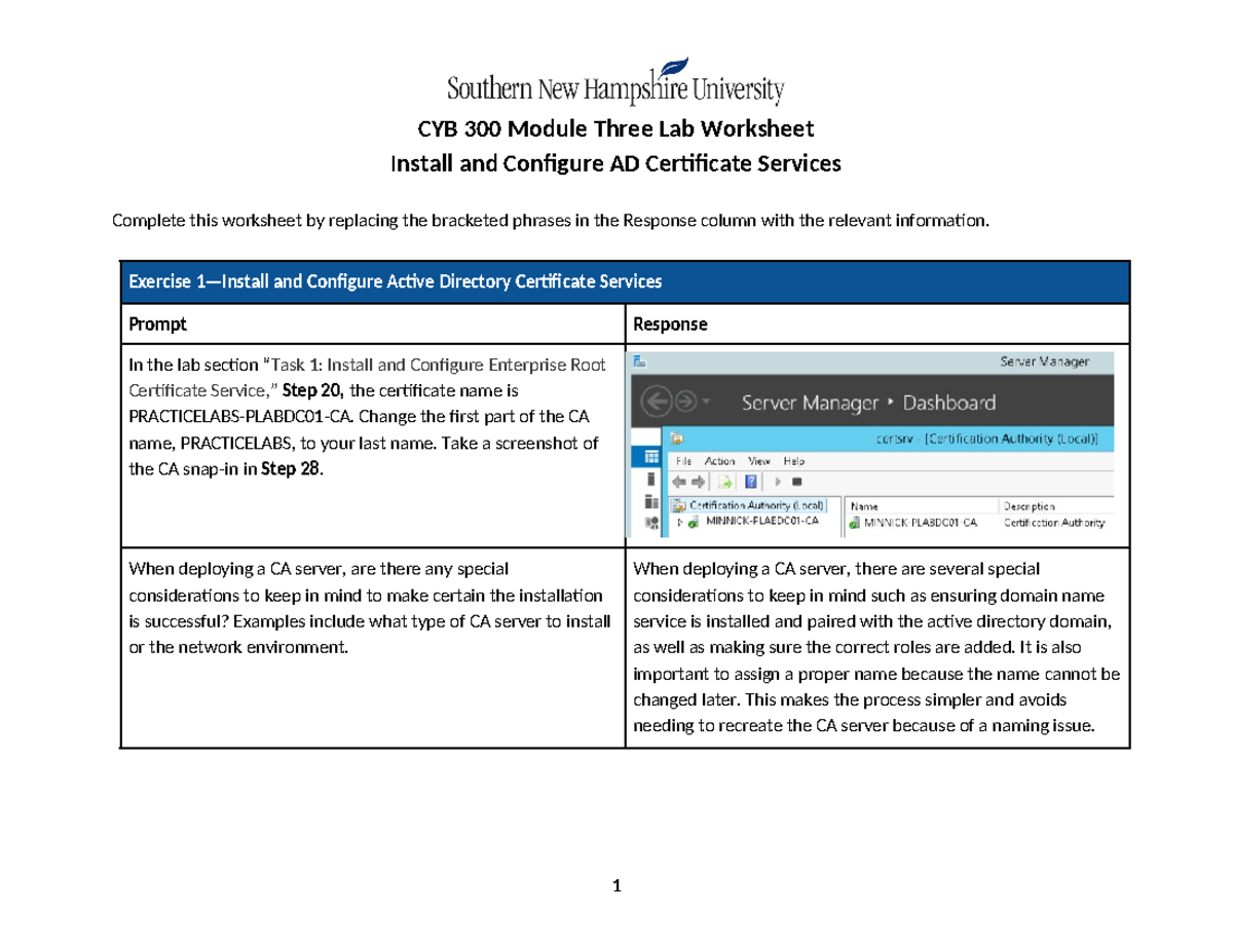 CYB 300 Module 3 Lab Worksheet: AD Certificate Services Configurations - Studocu