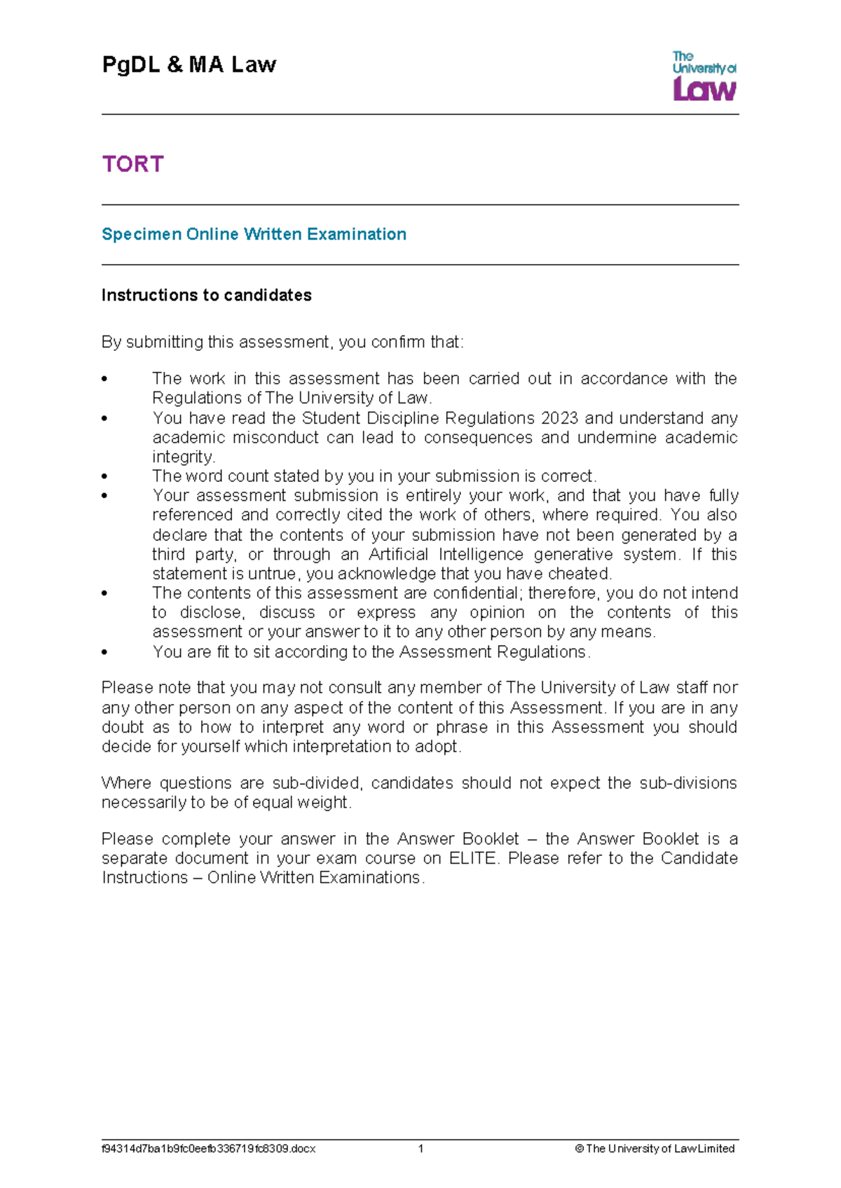 PgDL MA Law TORT Specimen Exam Instructions and Candidate Guidance ...