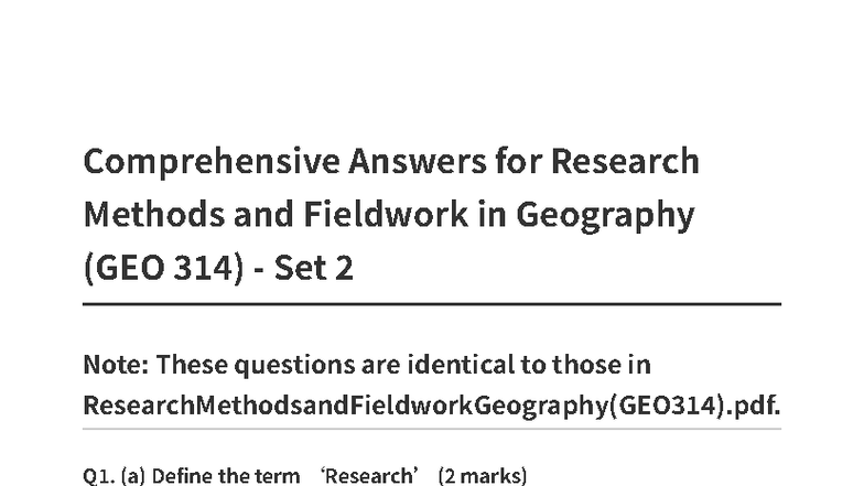 Comprehensive Answers for GEO 314 Research Methods & Fieldwork - Studocu