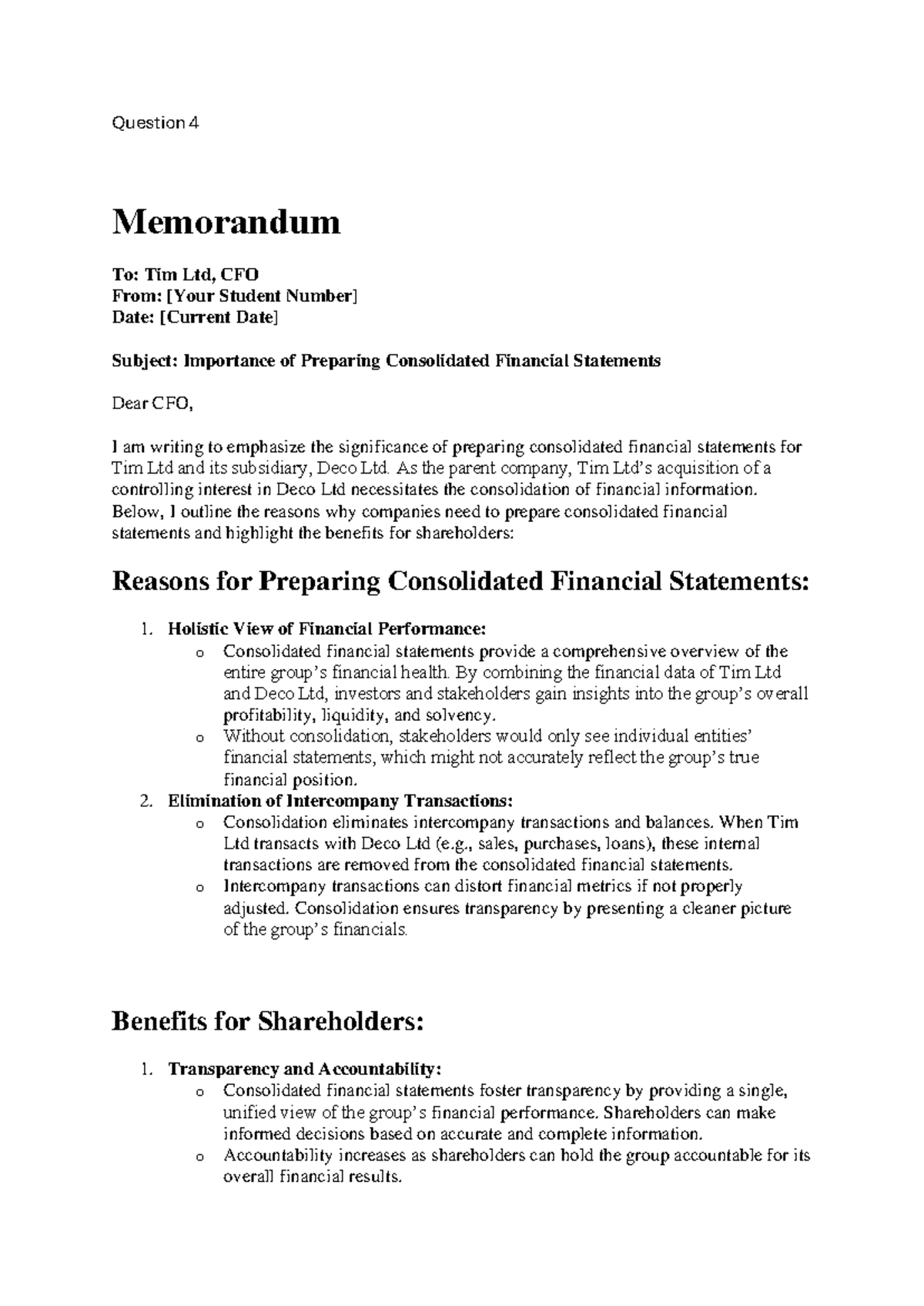 Fac2602 Memo - The Importance of Consolidated Financial Statements ...