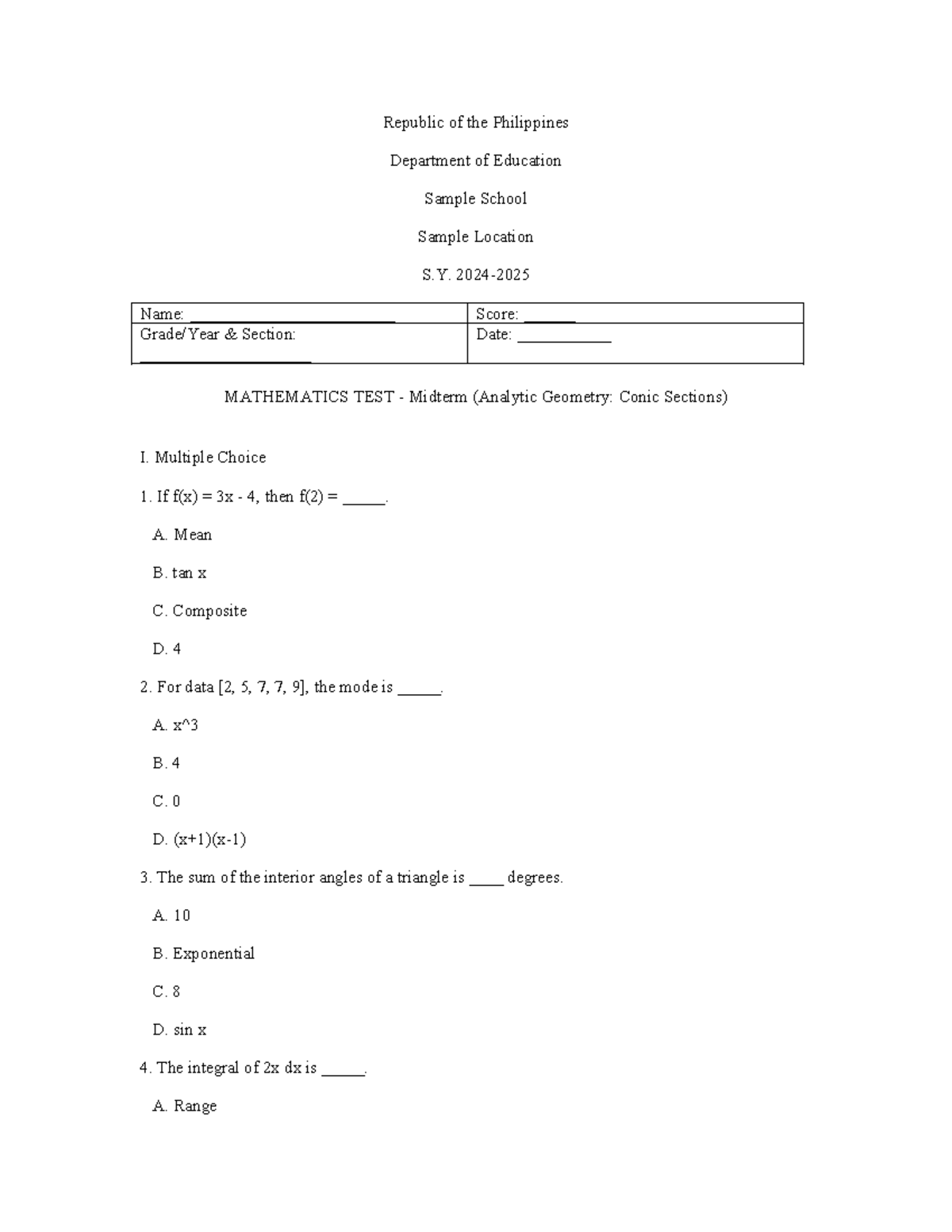 MATH 317 Midterm Test: Analytic Geometry & Conic Sections 2024 - Studocu