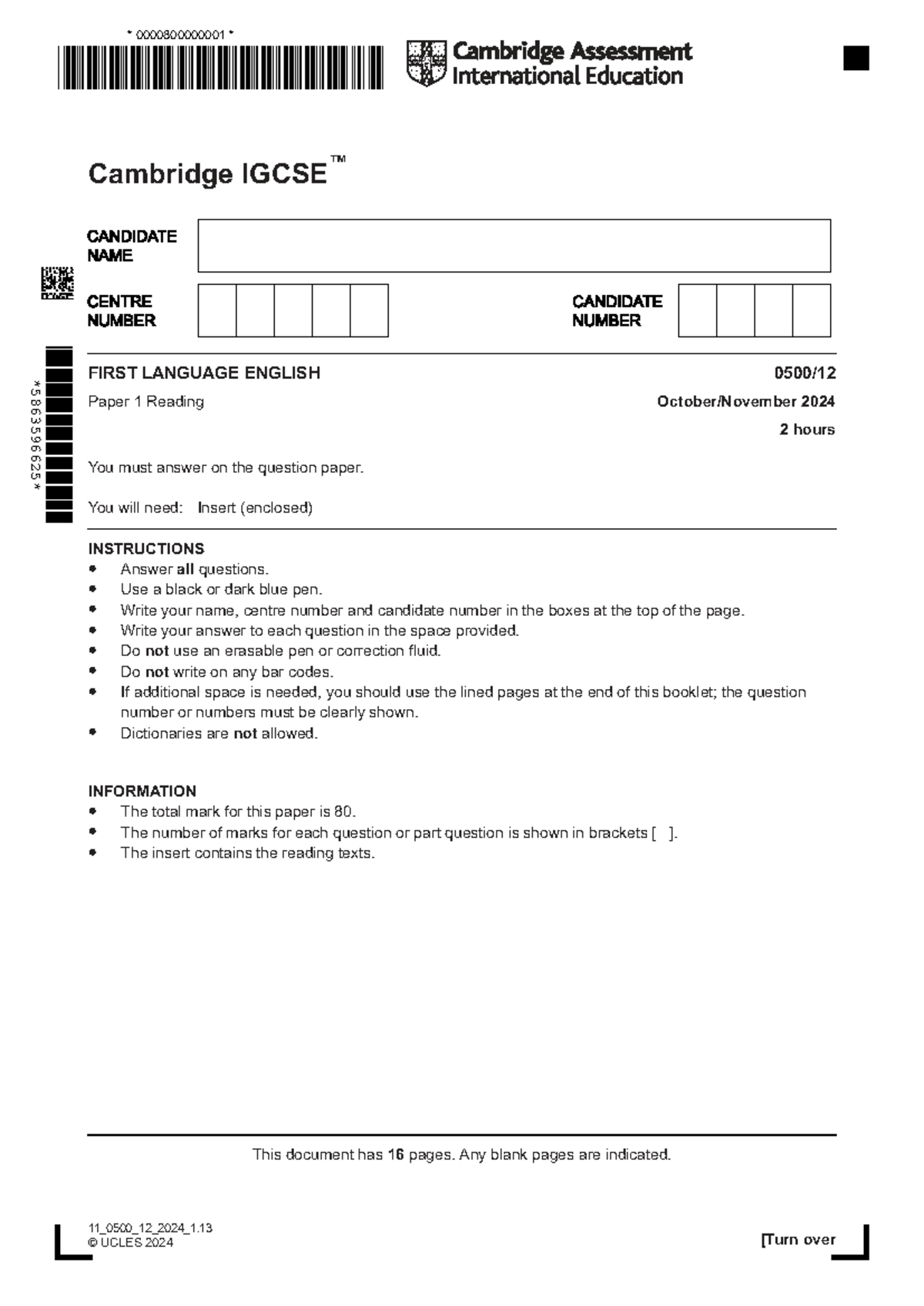 Cambridge IGCSE 0500/12 First Language English Paper 1 Reading 2024 ...