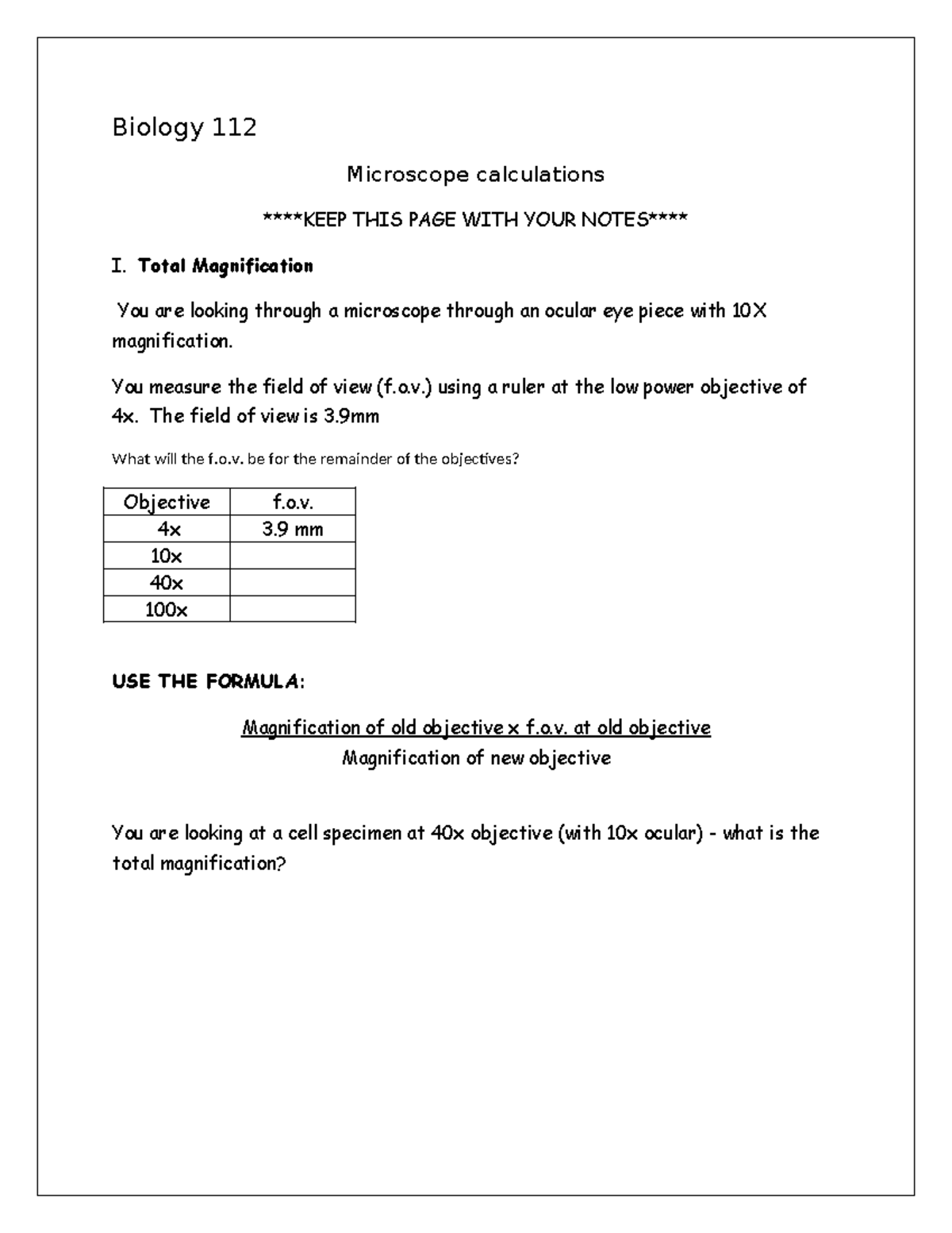 Biology 112: Microscope Practice Sheet for Total Magnification ...