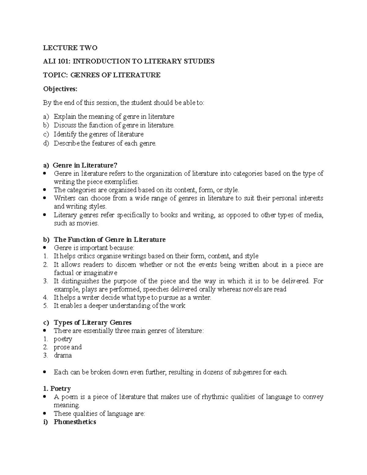 LECTURE 2 ALI 101: UNDERSTANDING GENRES IN LITERATURE - Studocu