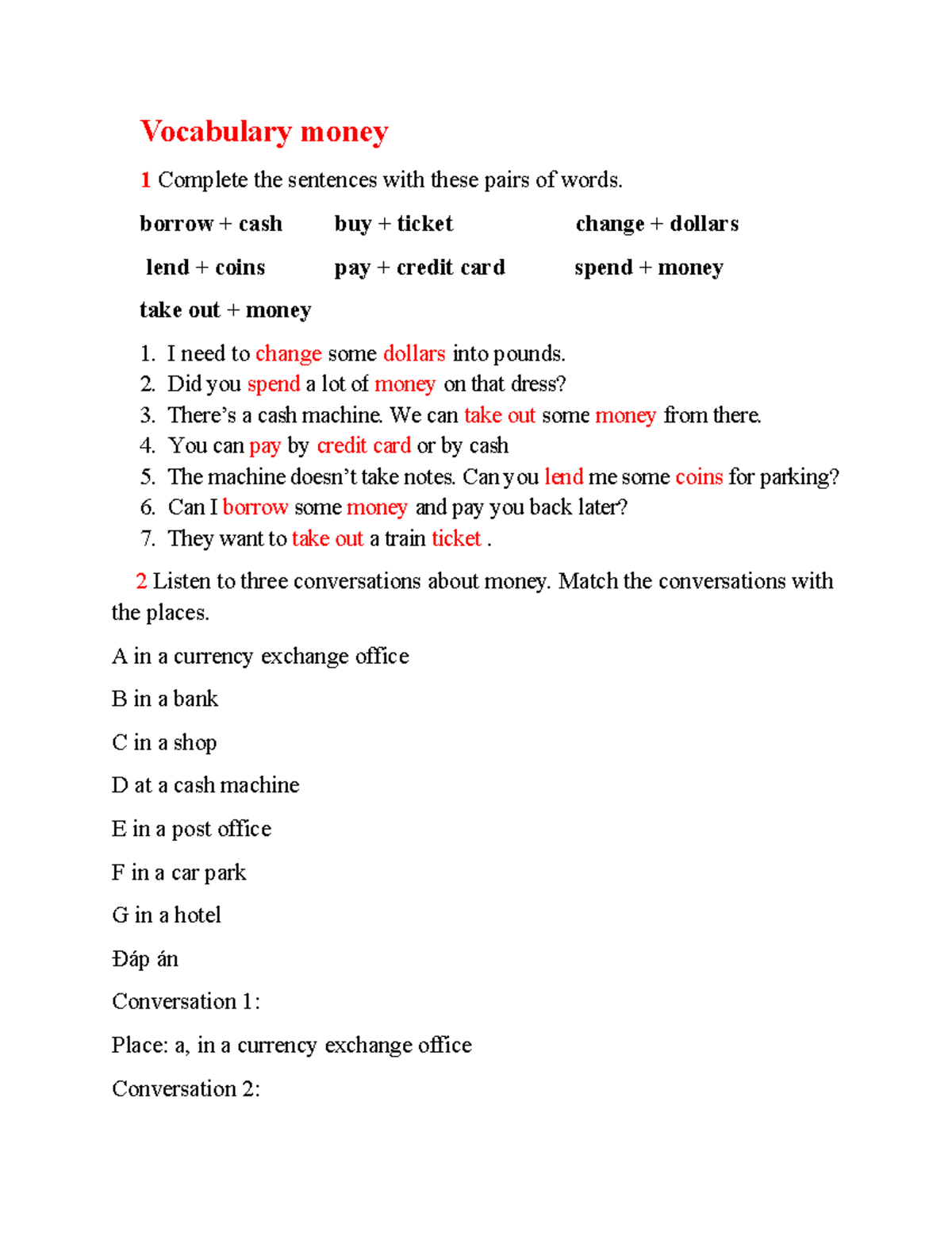 Vocabulary Money 1: Complete Sentences & Conversations Practice - Studocu