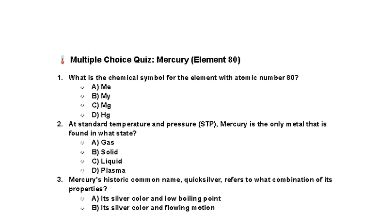 Chemistry Quiz: Mercury (Element 80) - Test Your Knowledge! - Studocu