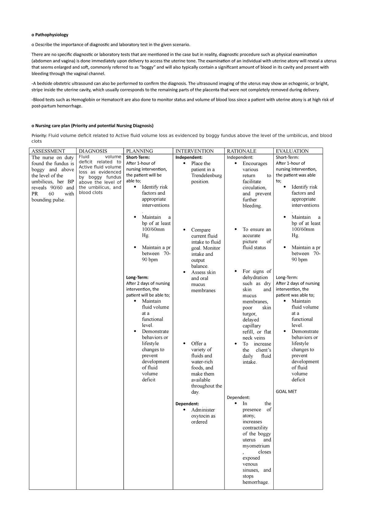 NCP for Uterine Atony: Nursing Care Plan & Prioritization - Studocu